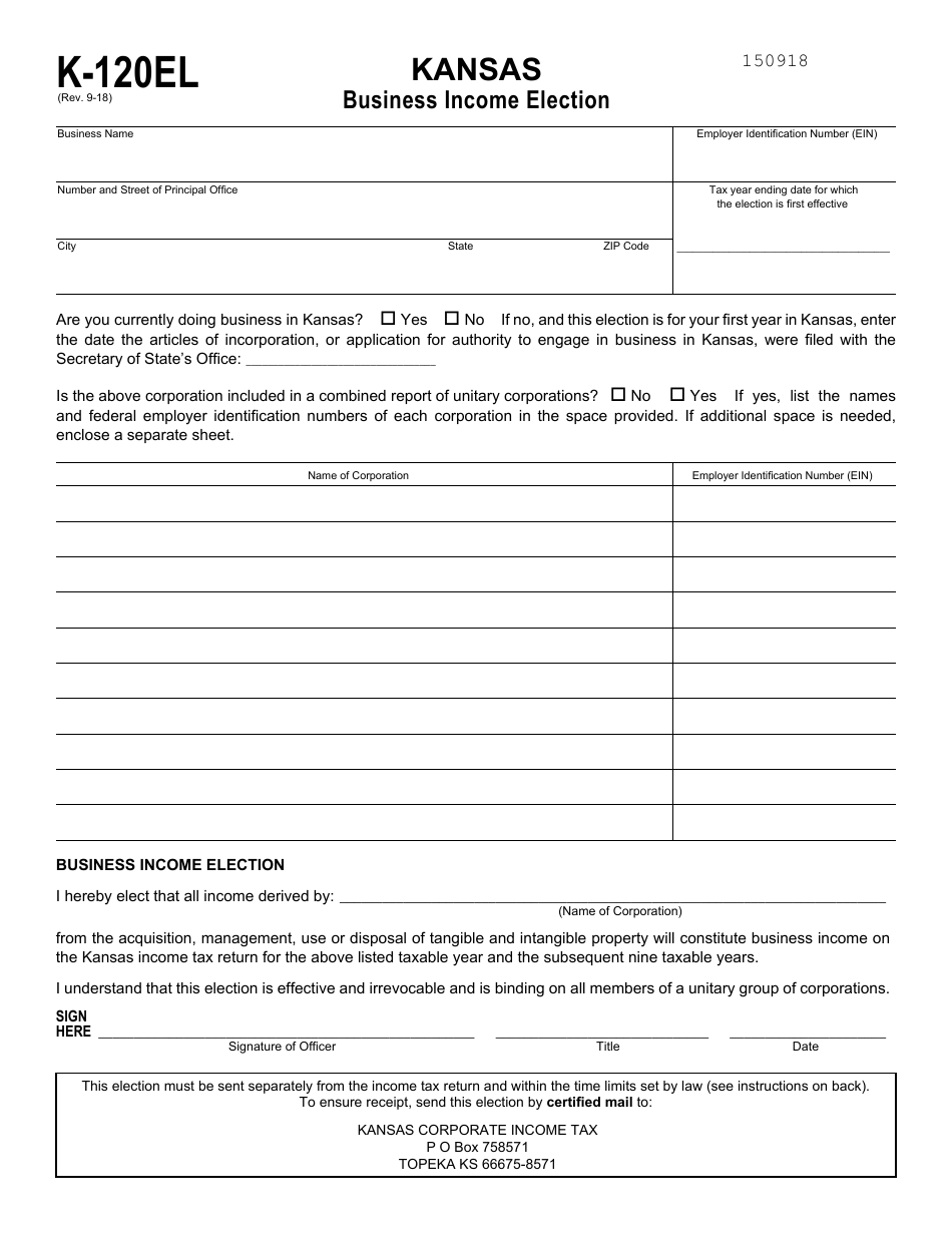 Form K-120EL - Fill Out, Sign Online and Download Fillable PDF, Kansas ...