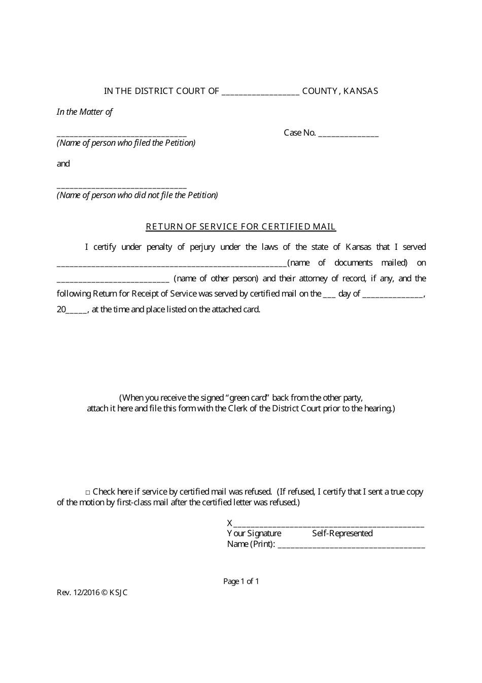 Kansas Return of Service for Certified Mail - Fill Out, Sign Online and ...