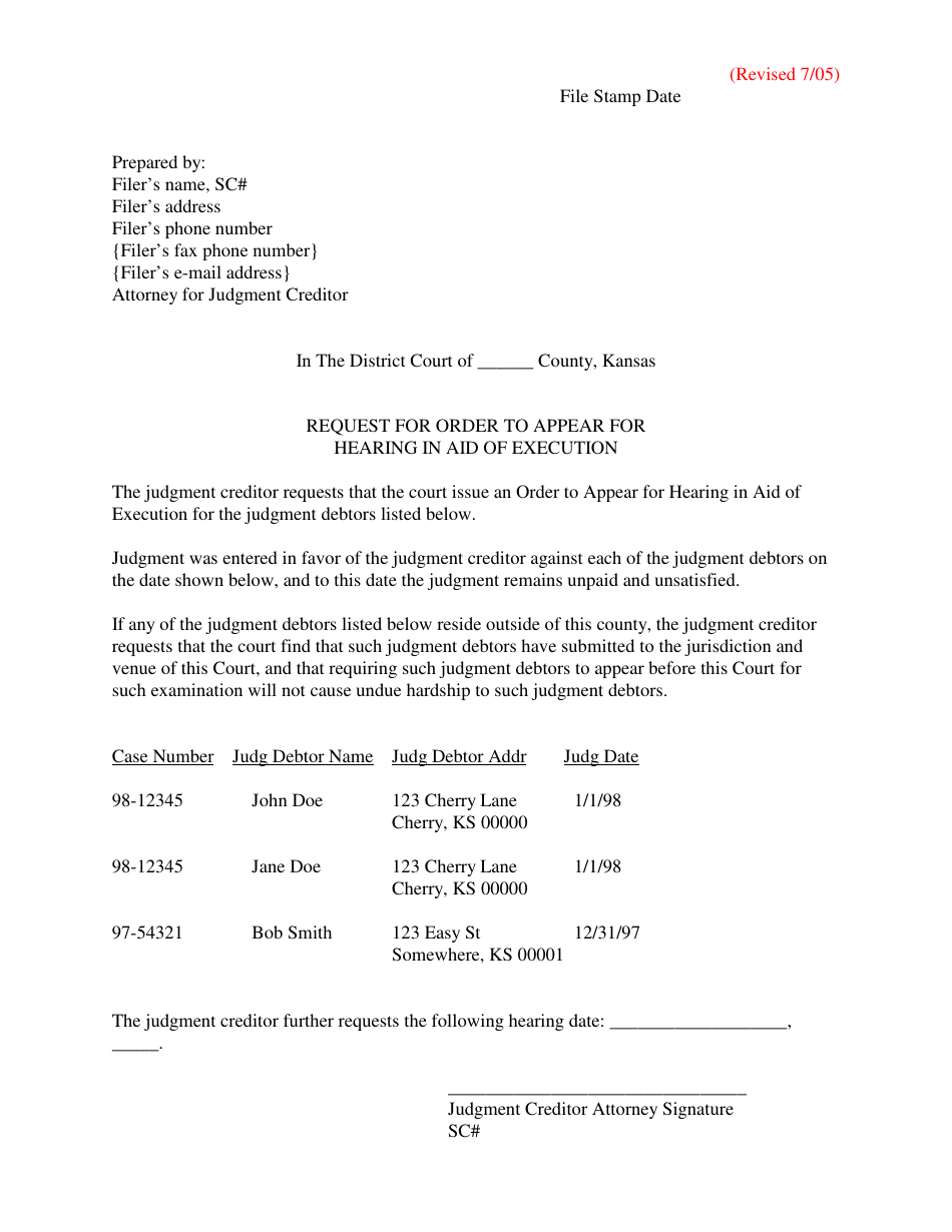 Kansas Request for Order to Appear for Hearing in Aid of Execution ...