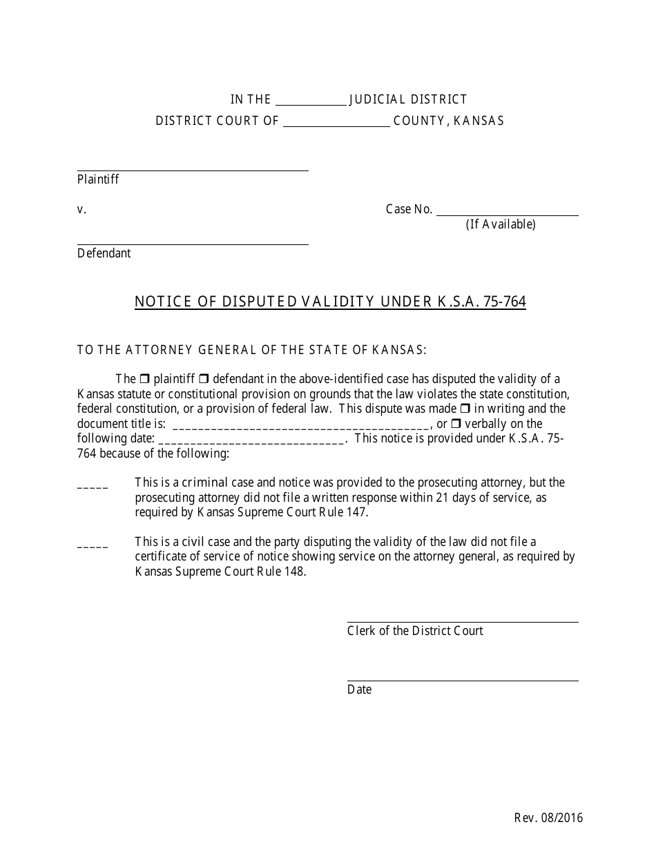 Kansas Notice of Disputed Validity Under K.s.a. 75-764 - Fill Out, Sign ...