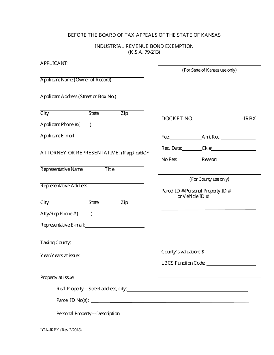 Form BTA-IRBX - Fill Out, Sign Online and Download Fillable PDF, Kansas ...