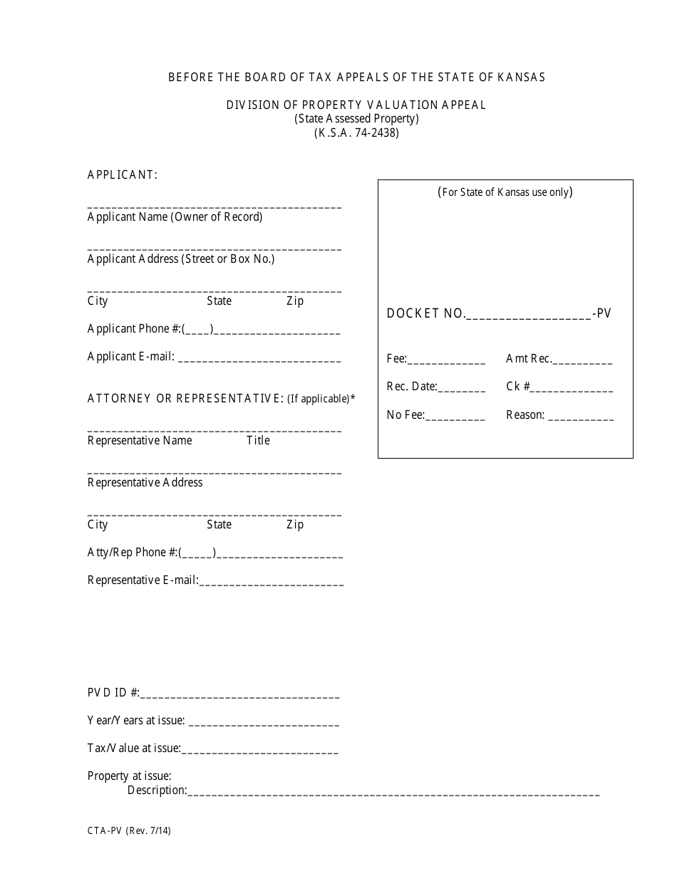 Form CTA-PV - Fill Out, Sign Online and Download Fillable PDF, Kansas ...