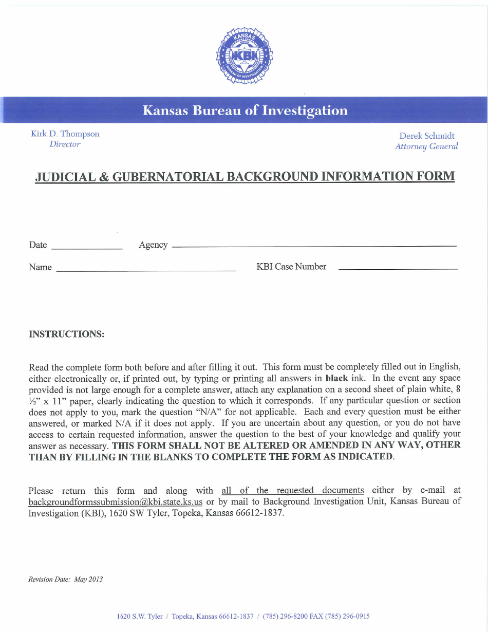 Kansas Judicial and Gubernatorial Background Information Form - Fill ...