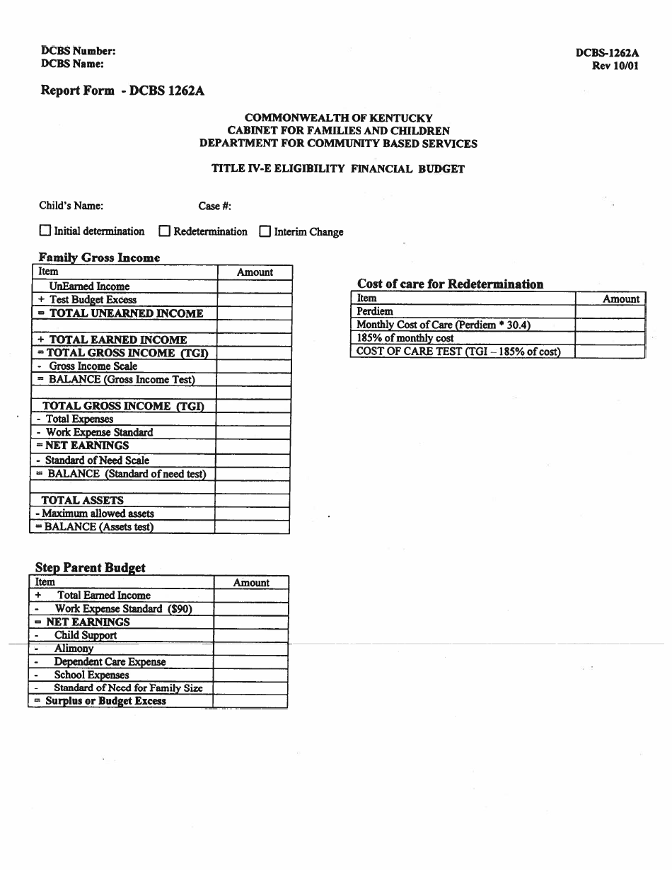 Form DCBS-1262A - Fill Out, Sign Online and Download Printable PDF ...