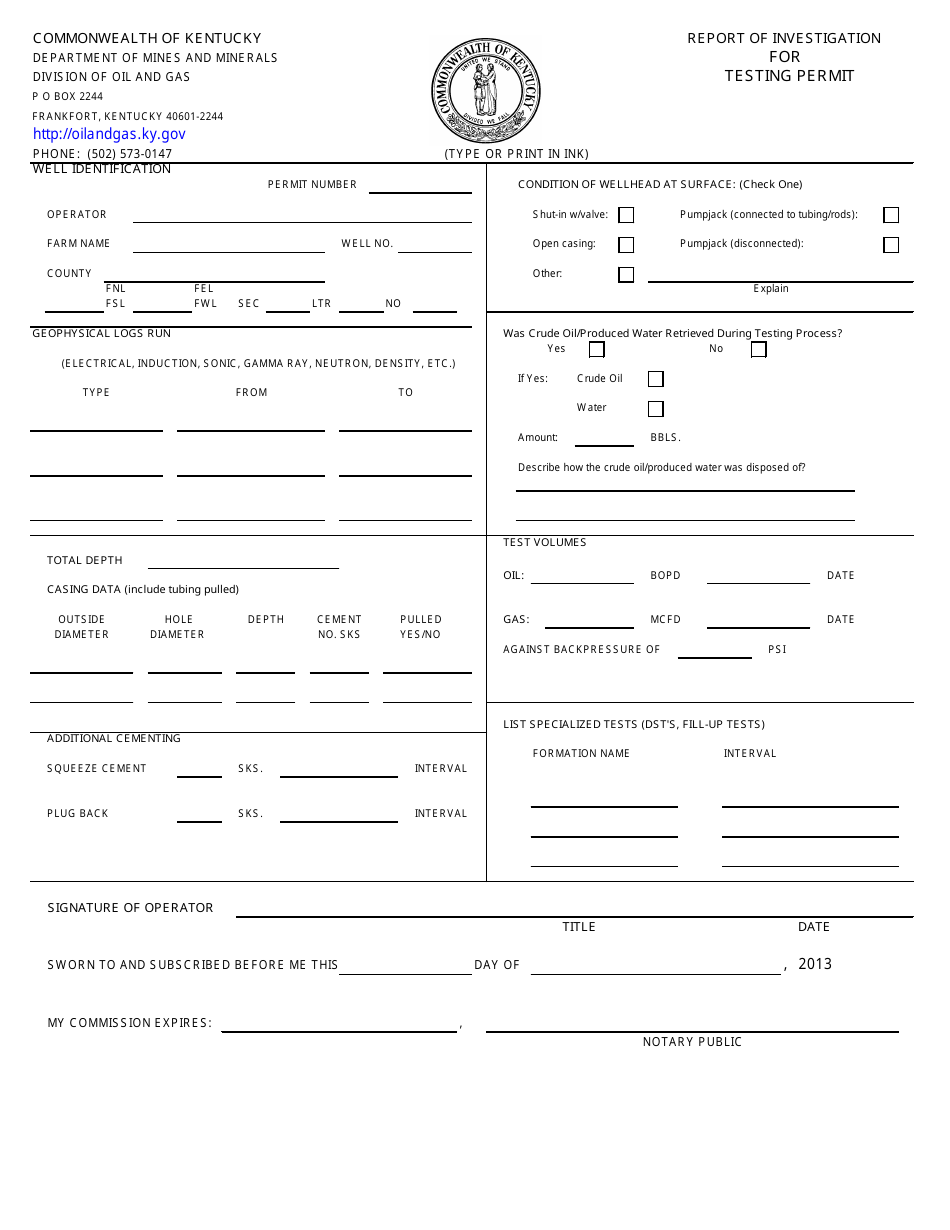 Kentucky Report of Investigation for Testing Permit - Fill Out, Sign ...