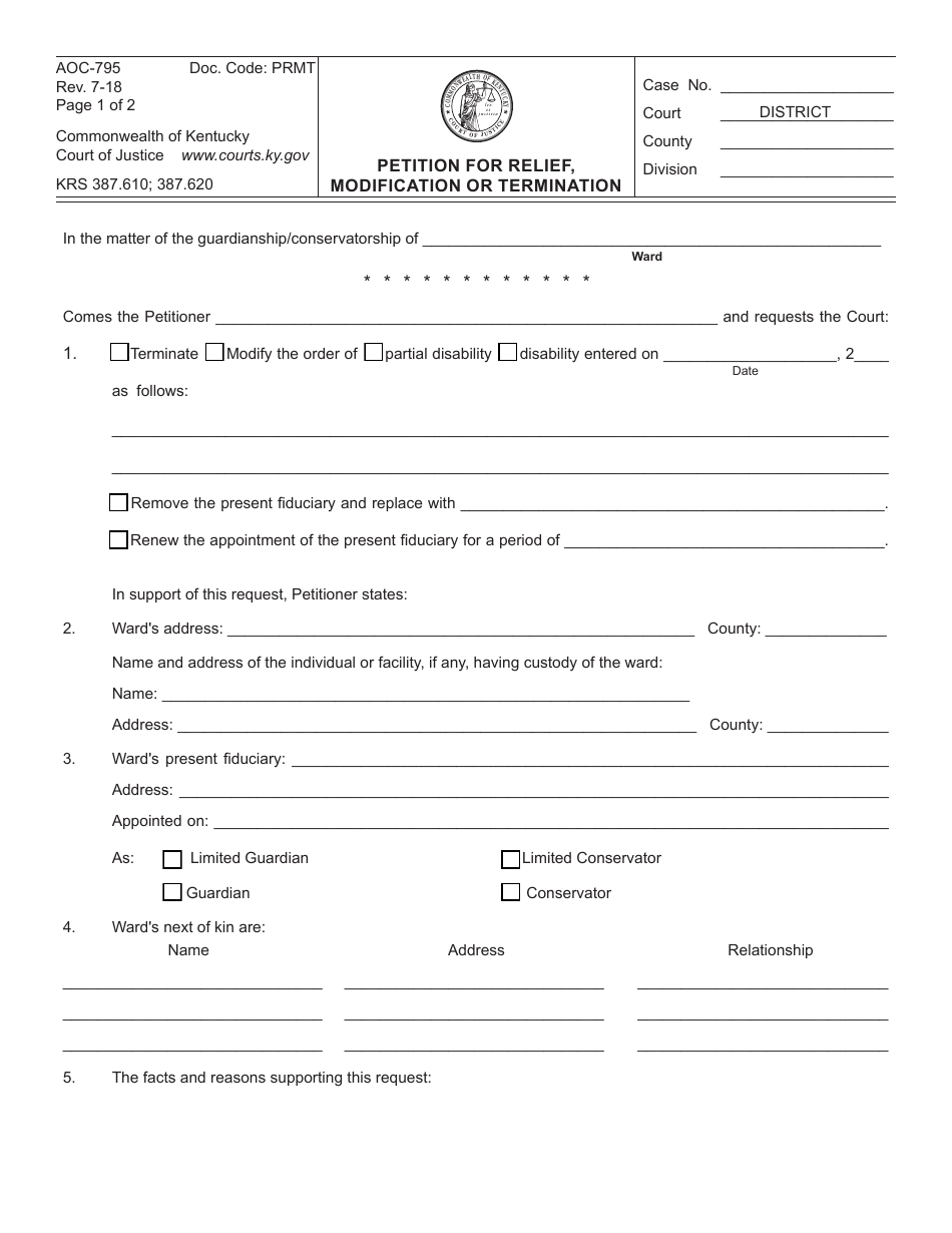Form AOC-795 - Fill Out, Sign Online and Download Fillable PDF, Kentucky | Templateroller