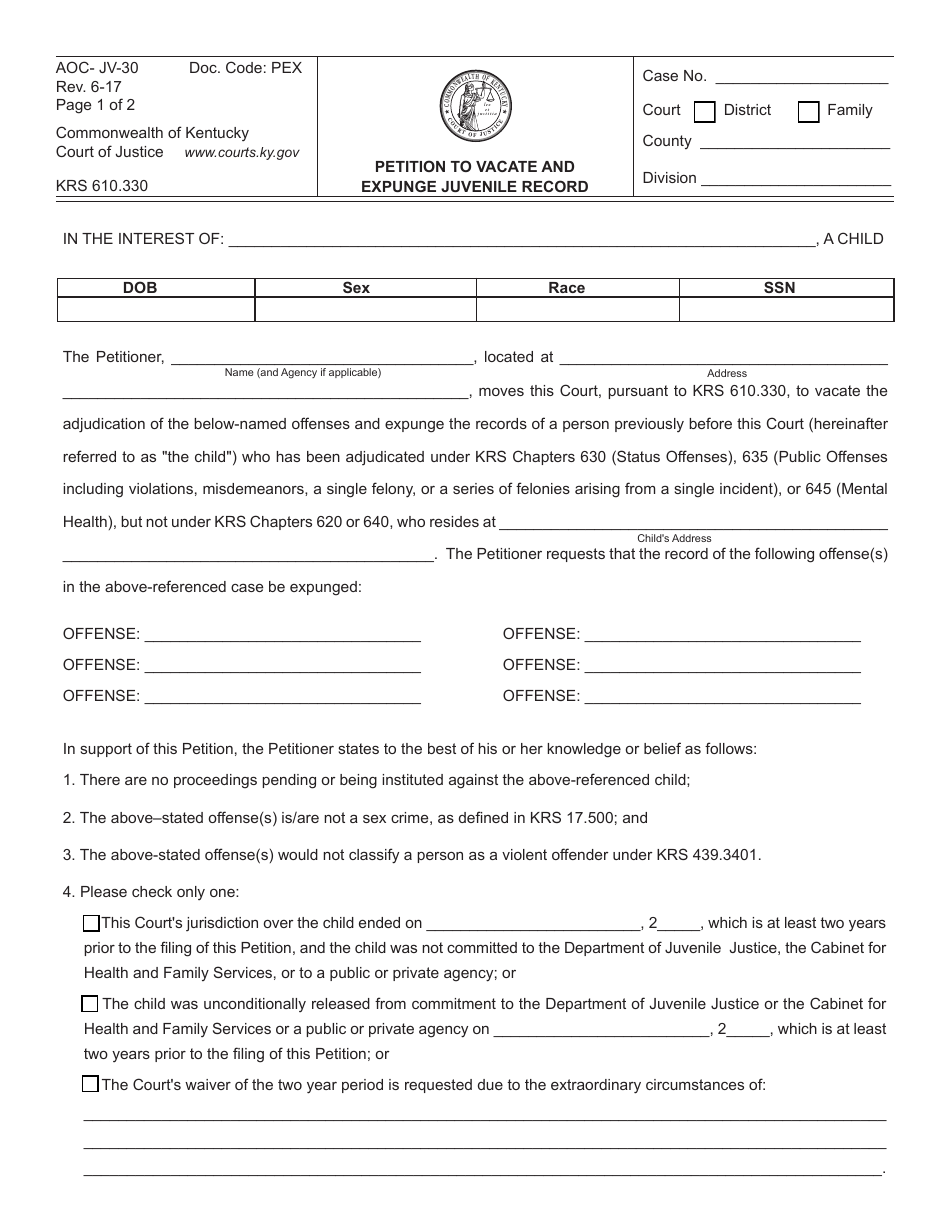 Form AOC-JV-30 - Fill Out, Sign Online and Download Fillable PDF, Kentucky | Templateroller