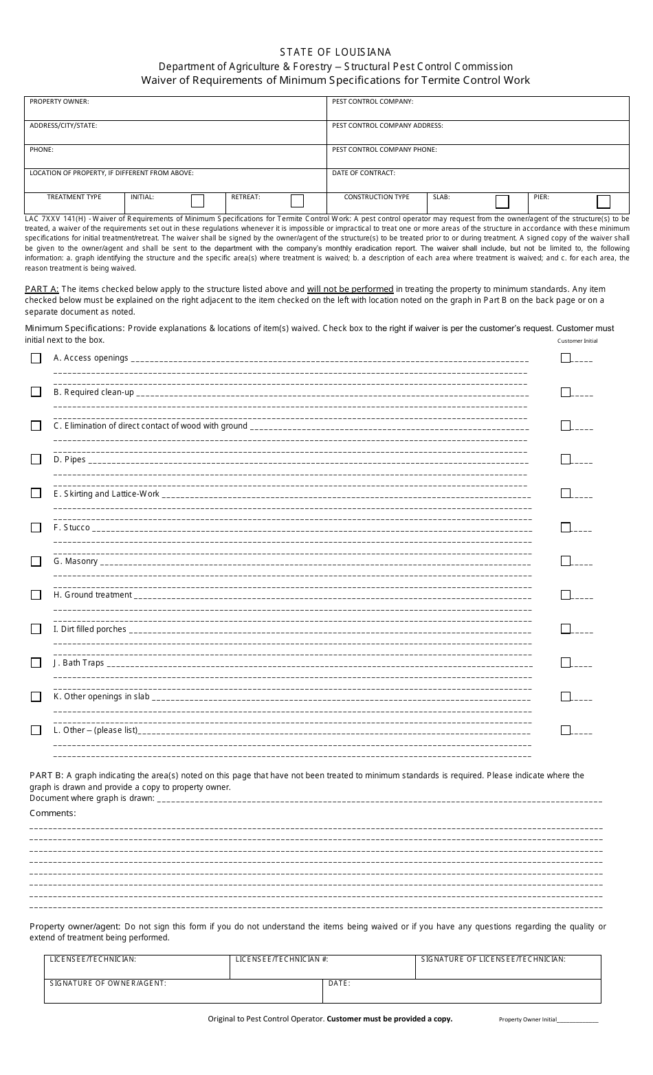 Louisiana Waiver of Requirements of Minimum Specifications for Termite ...