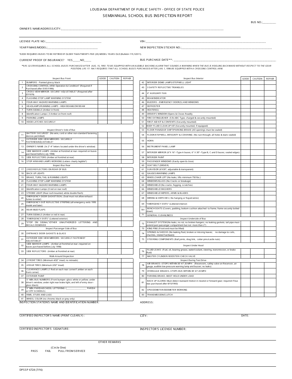 Louisiana School Bus Pre Trip Inspection Checklist Fill Out Sign ...