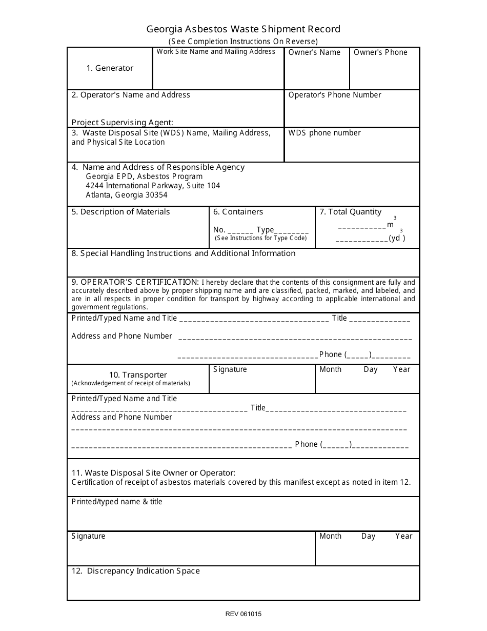 Georgia (United States) Georgia Asbestos Waste Shipment Record Form ...