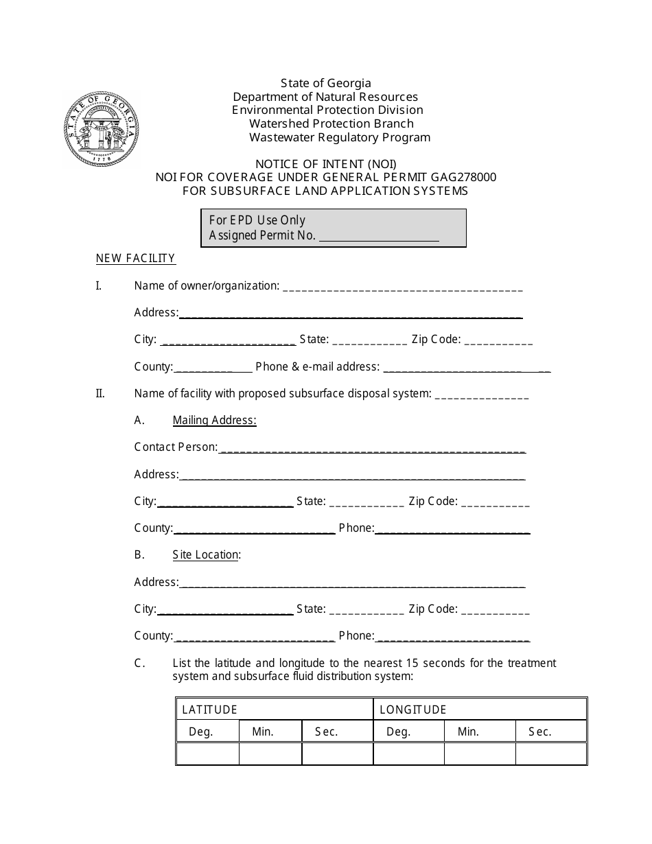 Georgia (United States) Notice of Intent (Noi) Noi for Coverage Under ...