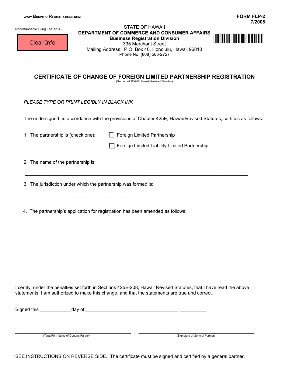Form FLP-2 - Fill Out, Sign Online and Download Fillable PDF, Hawaii ...