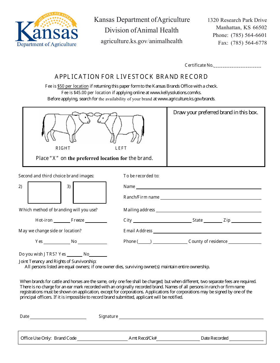 Kansas Application for Livestock Brand Record - Fill Out, Sign Online ...