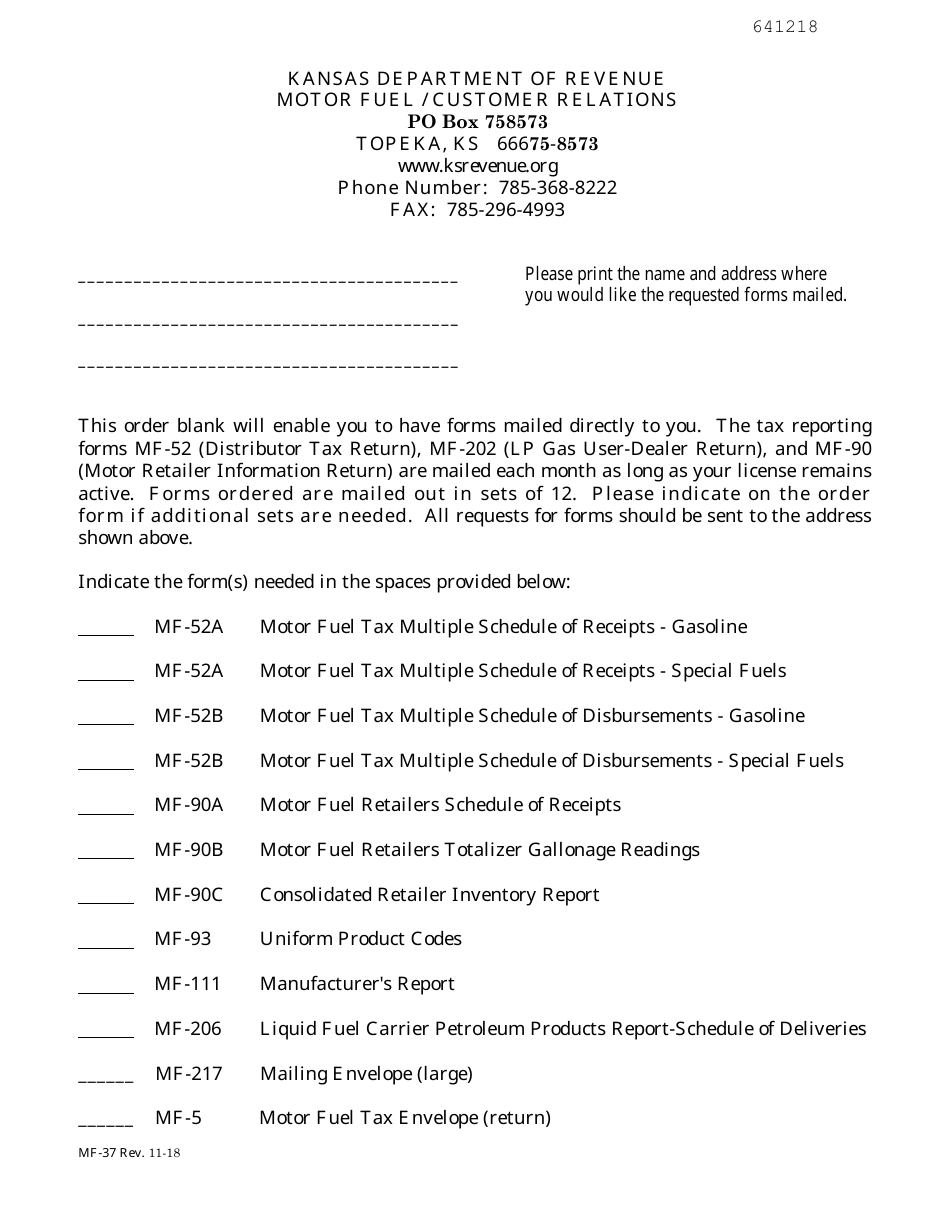 Form MF-37 - Fill Out, Sign Online and Download Fillable PDF, Kansas ...
