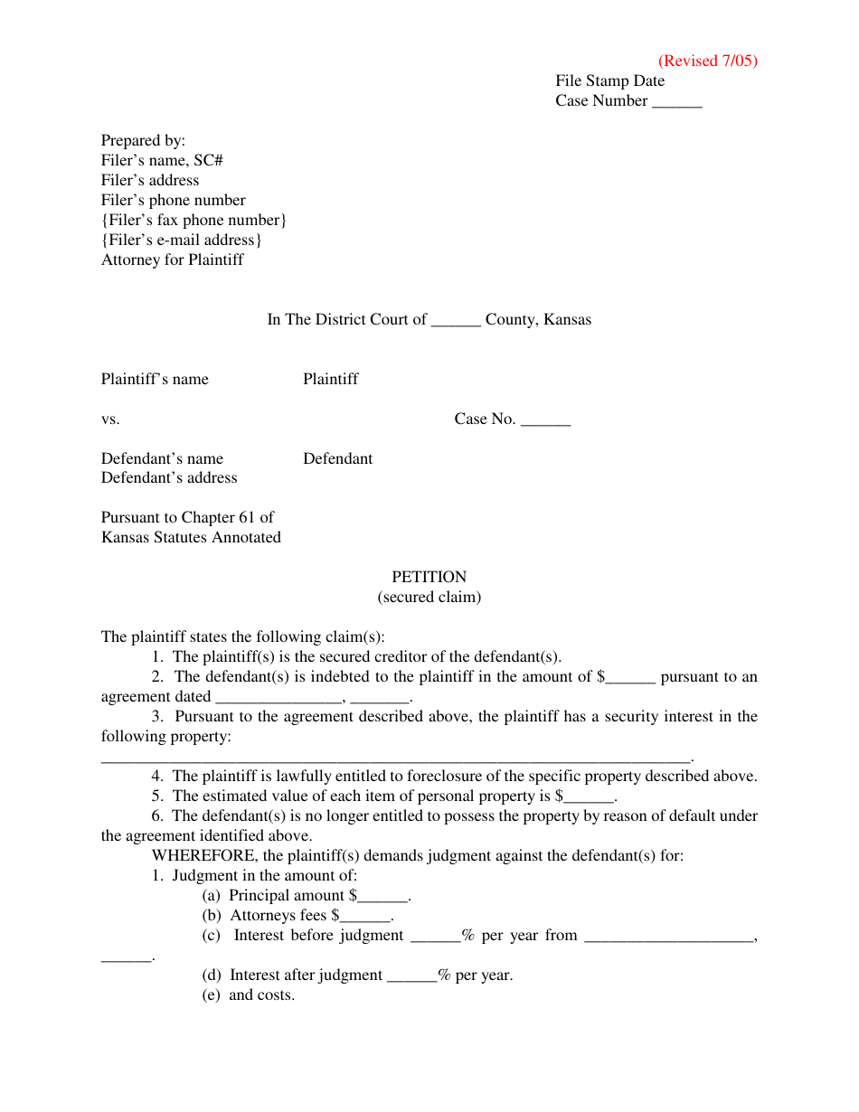 Kansas Petition (Secured Claim) - Fill Out, Sign Online and Download ...
