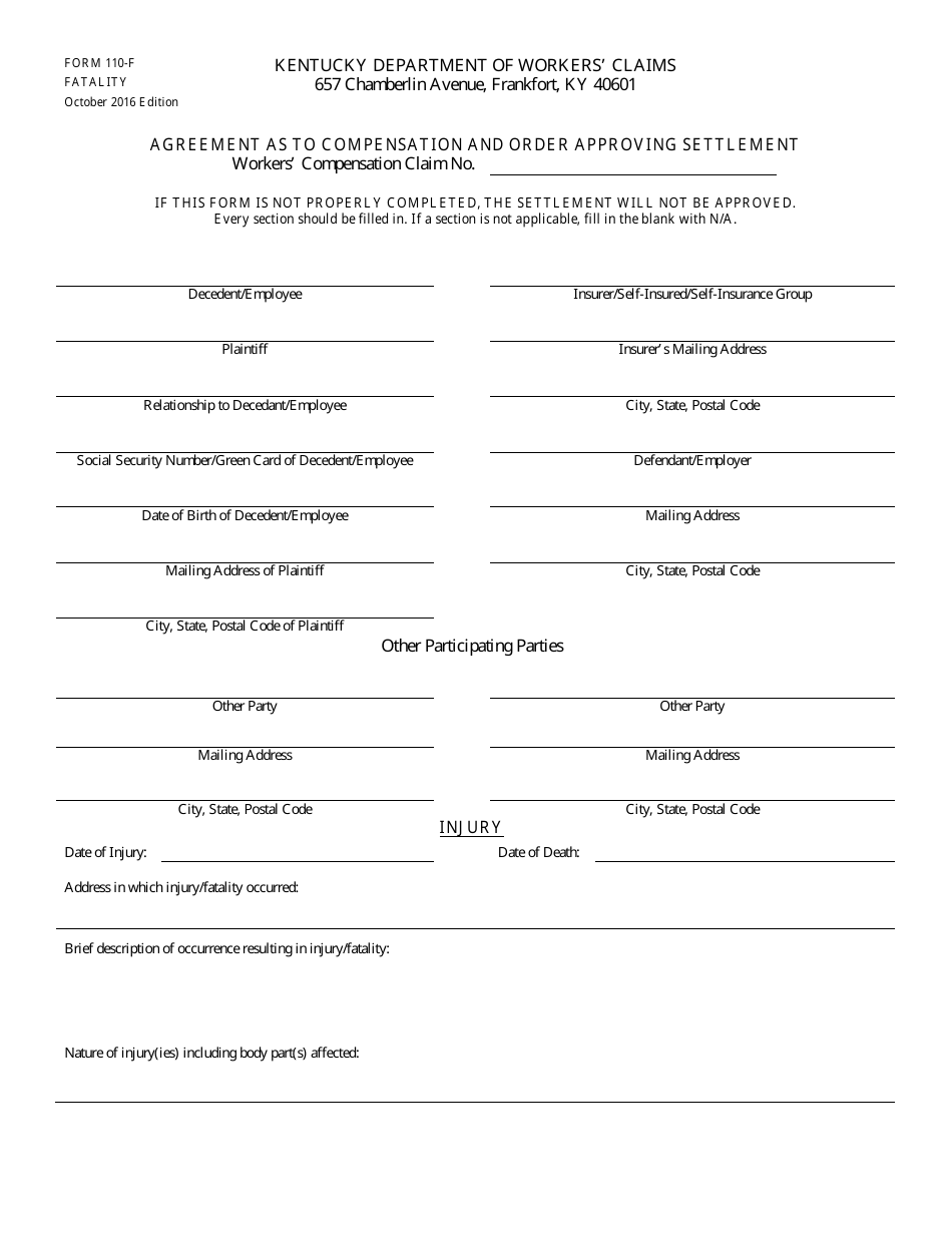 Form 110-F - Fill Out, Sign Online and Download Printable PDF, Kentucky ...