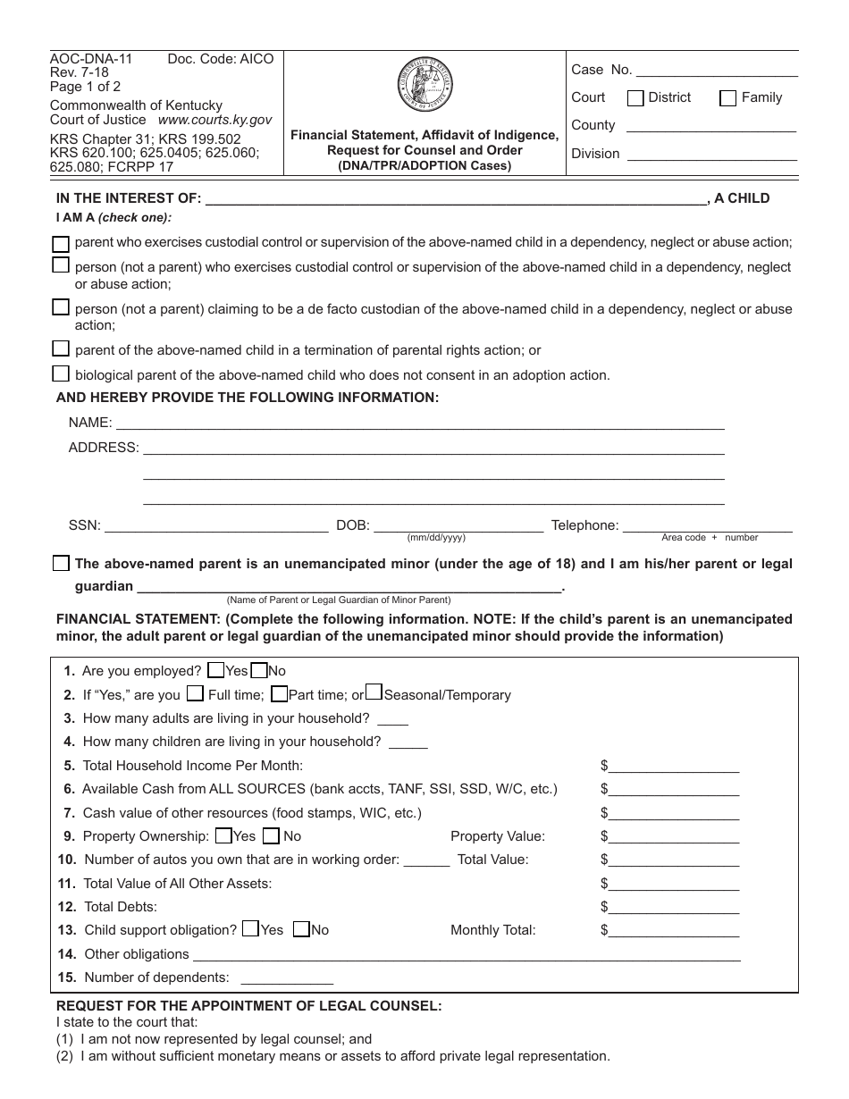 Form AOC-DNA-11 - Fill Out, Sign Online and Download Fillable PDF, Kentucky | Templateroller