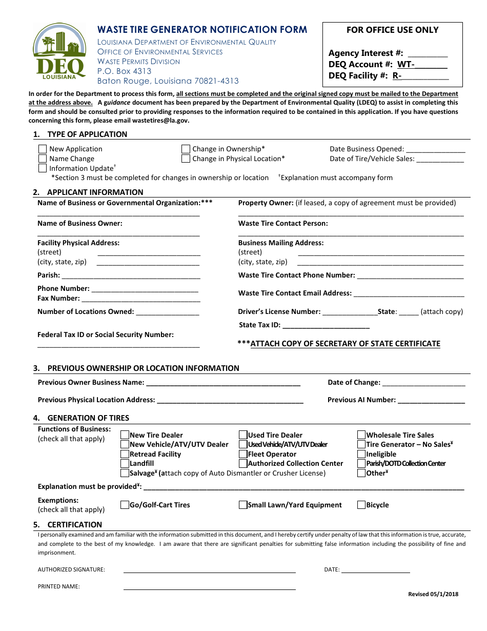 Louisiana Waste Tire Generator Notification Form - Fill Out, Sign ...