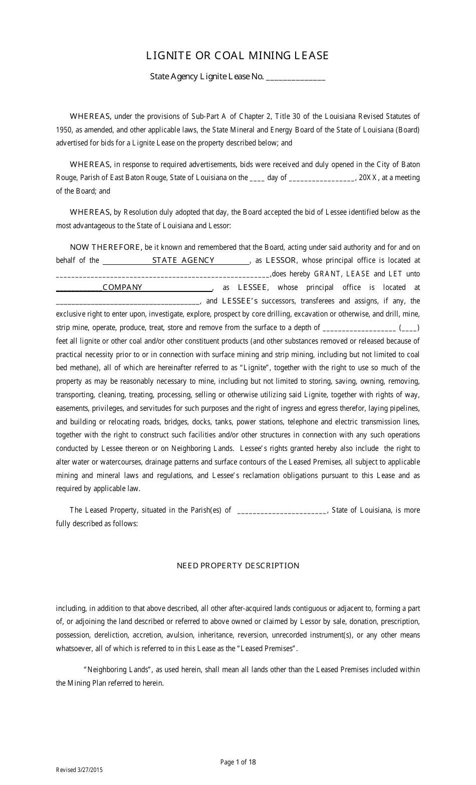 Louisiana Lignite or Coal Mining Lease Form - Fill Out, Sign Online and ...