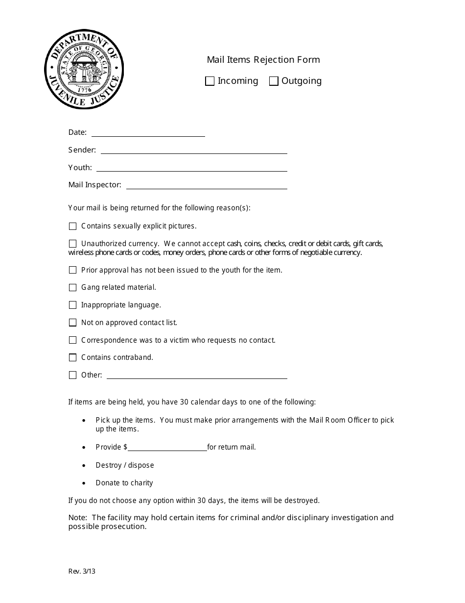 Georgia (United States) Mail Items Rejection Form - Fill Out, Sign ...