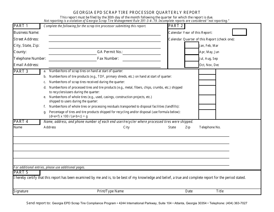 Georgia (United States) Georgia Epd Scrap Tire Processor Quarterly ...