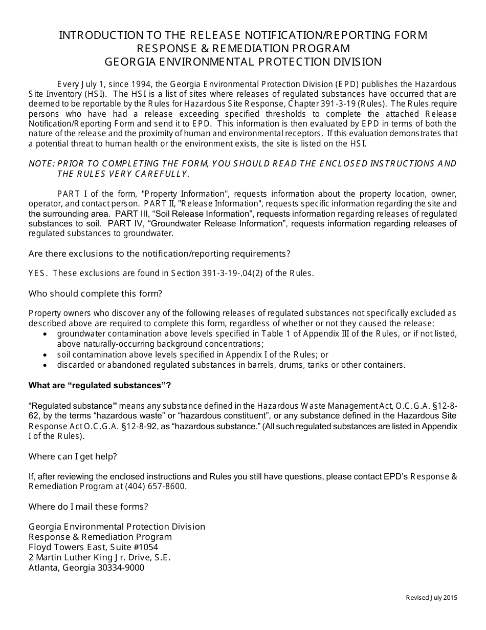 Georgia (United States) Release Notification/Reporting Form - Fill Out ...