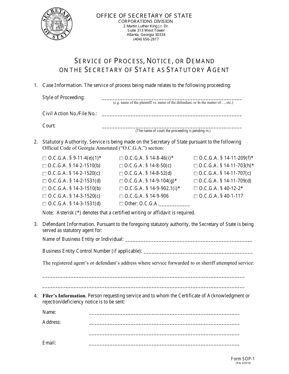 Form SOP-1 - Fill Out, Sign Online and Download Printable PDF, Georgia ...