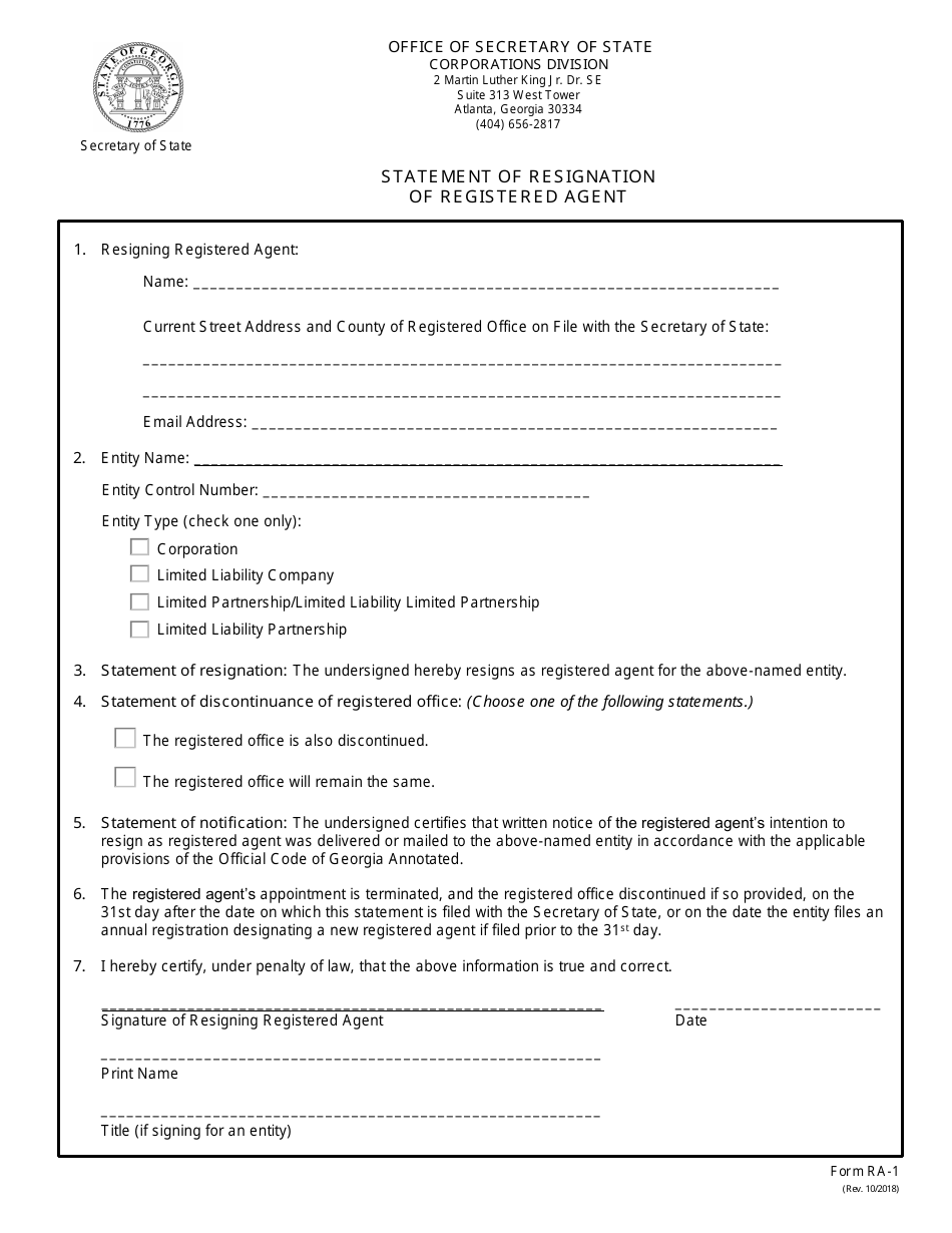Form RA-1 - Fill Out, Sign Online and Download Fillable PDF, Georgia ...