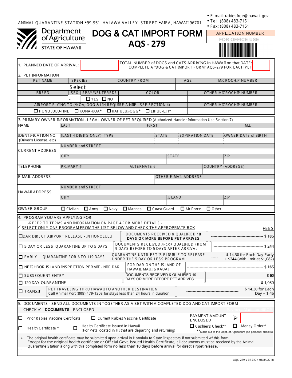 Form AQS-279 - Fill Out, Sign Online and Download Fillable PDF, Hawaii ...
