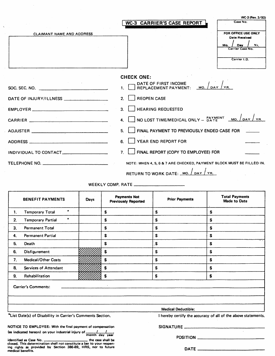 Form WC-3 - Fill Out, Sign Online and Download Printable PDF, Hawaii ...