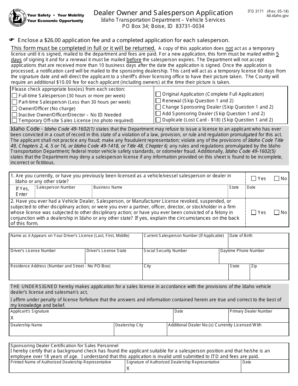 Form ITD3171 - Fill Out, Sign Online and Download Fillable PDF, Idaho ...