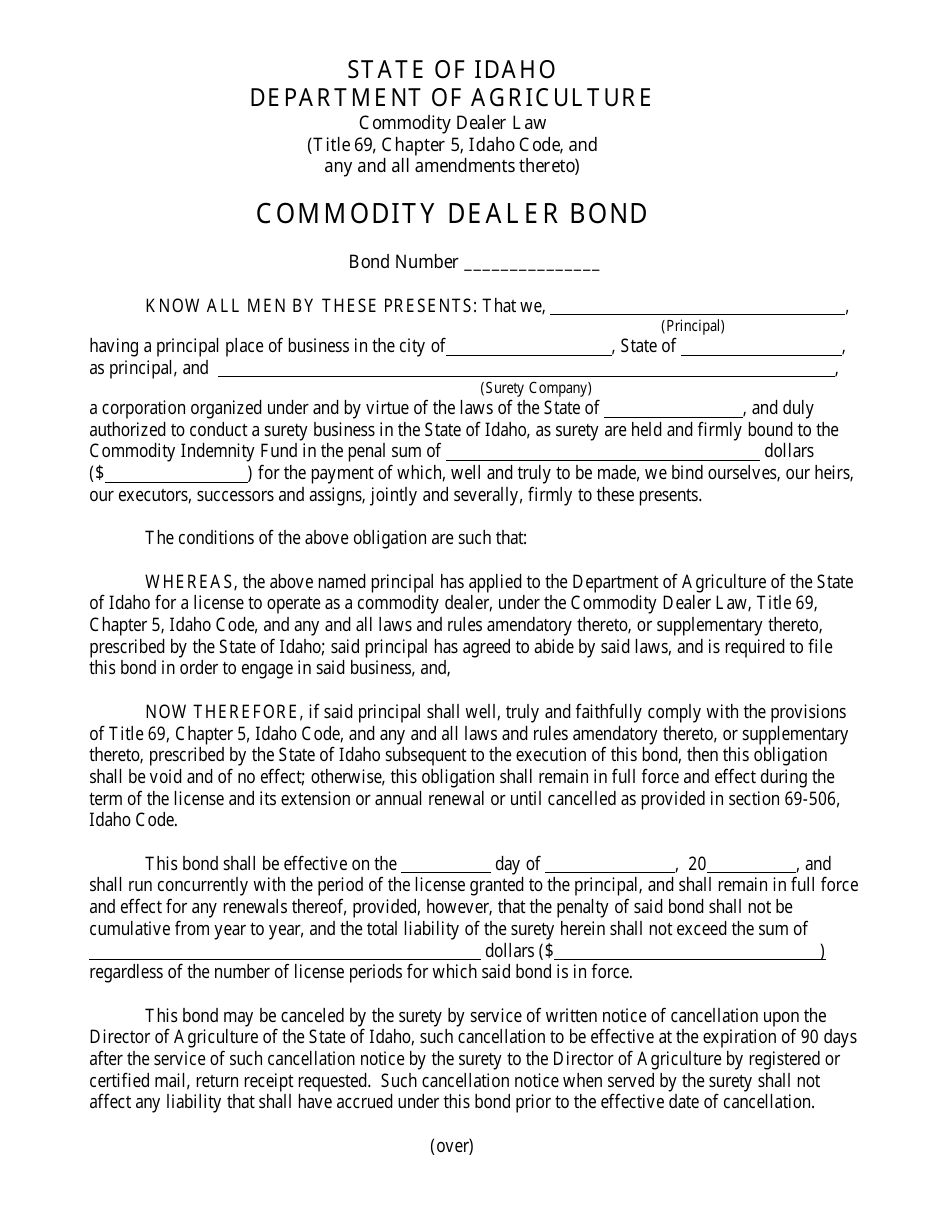 Idaho Commodity Dealer Bond Form - Fill Out, Sign Online and Download ...