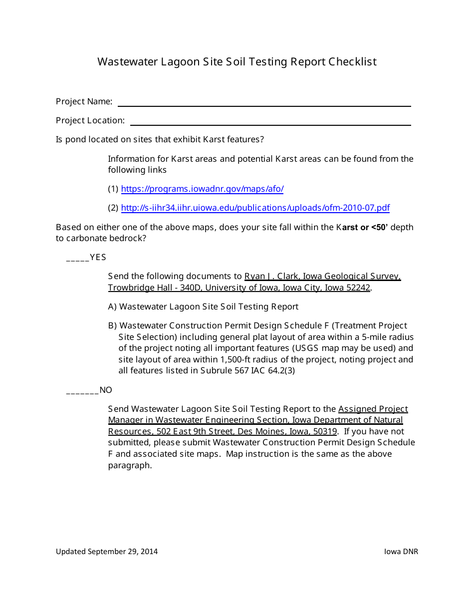 Iowa Wastewater Lagoon Site Soil Testing Report Checklist - Fill Out ...