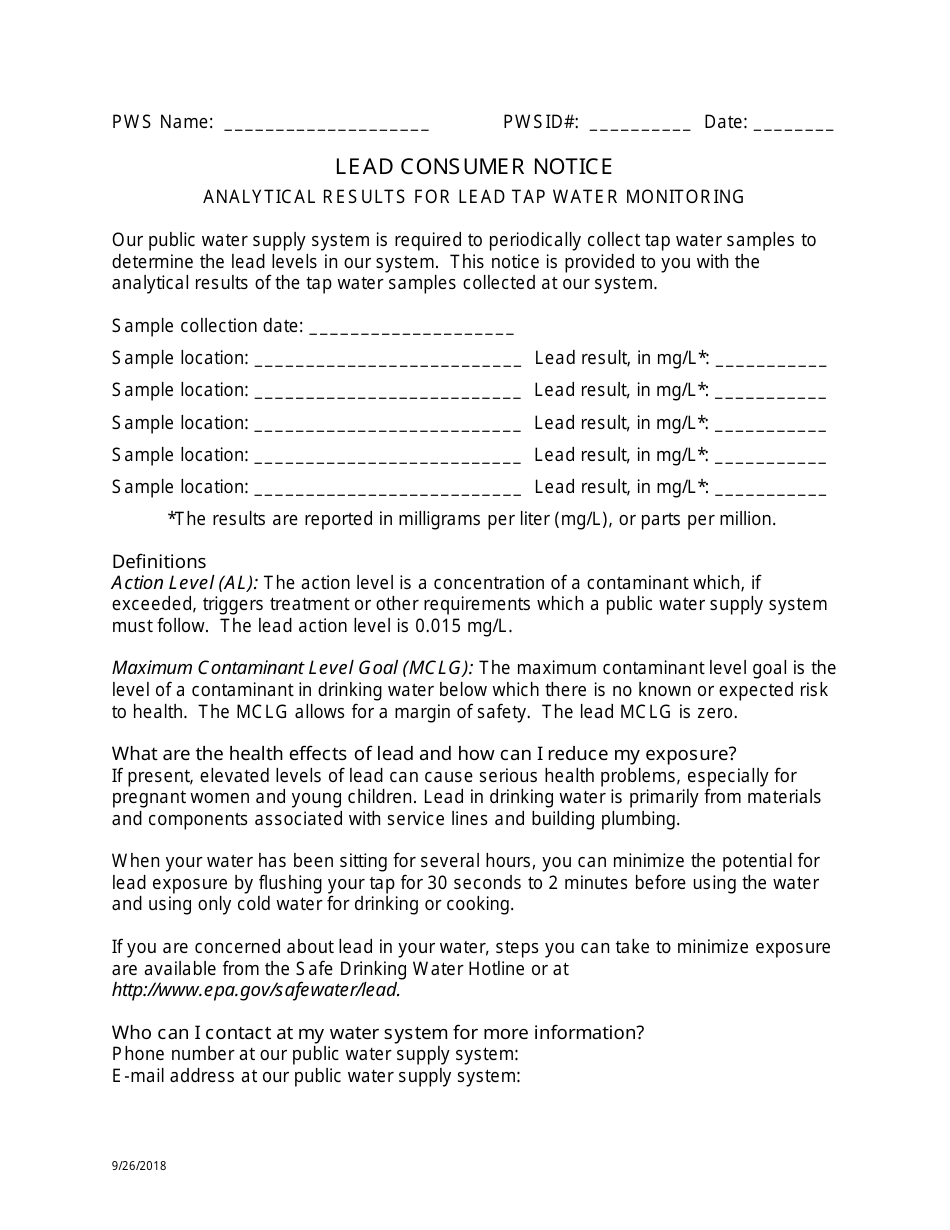 Iowa Lead Consumer Notice for Nontransient Noncommunity Systems - Fill ...