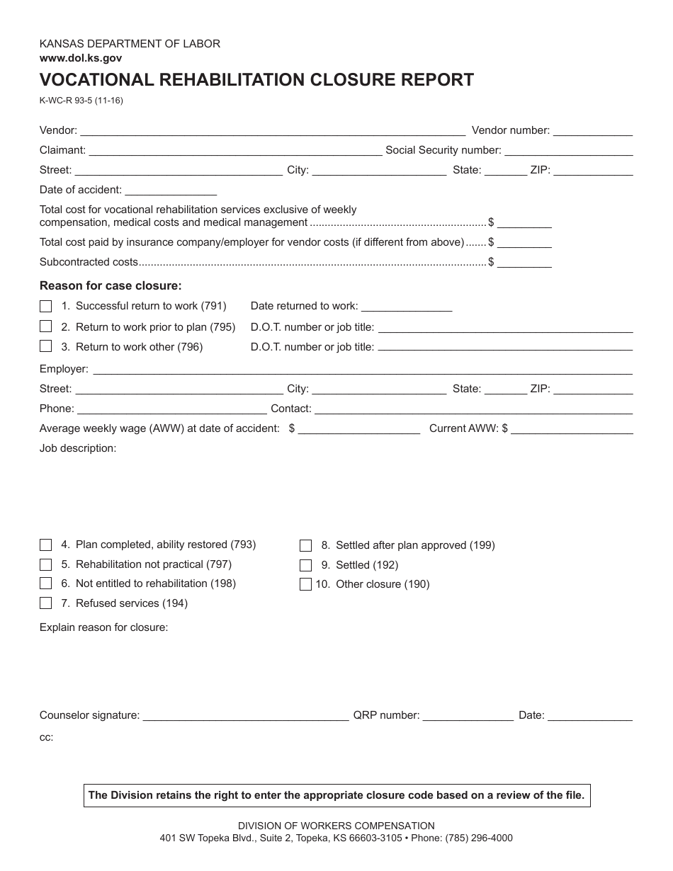 Form K-WC-R93-5 Download Fillable PDF or Fill Online Vocational ...