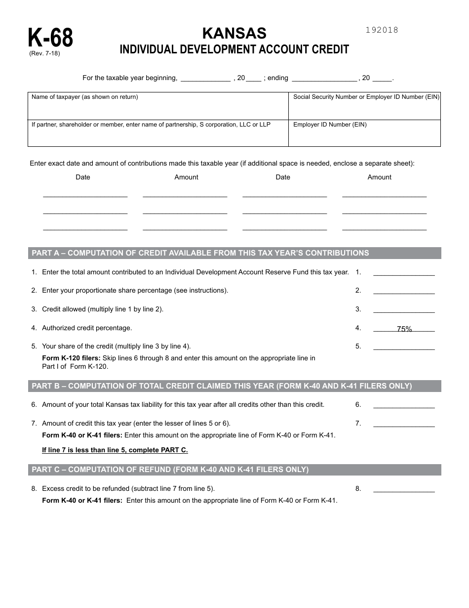 Form K-68 - Fill Out, Sign Online and Download Fillable PDF, Kansas ...