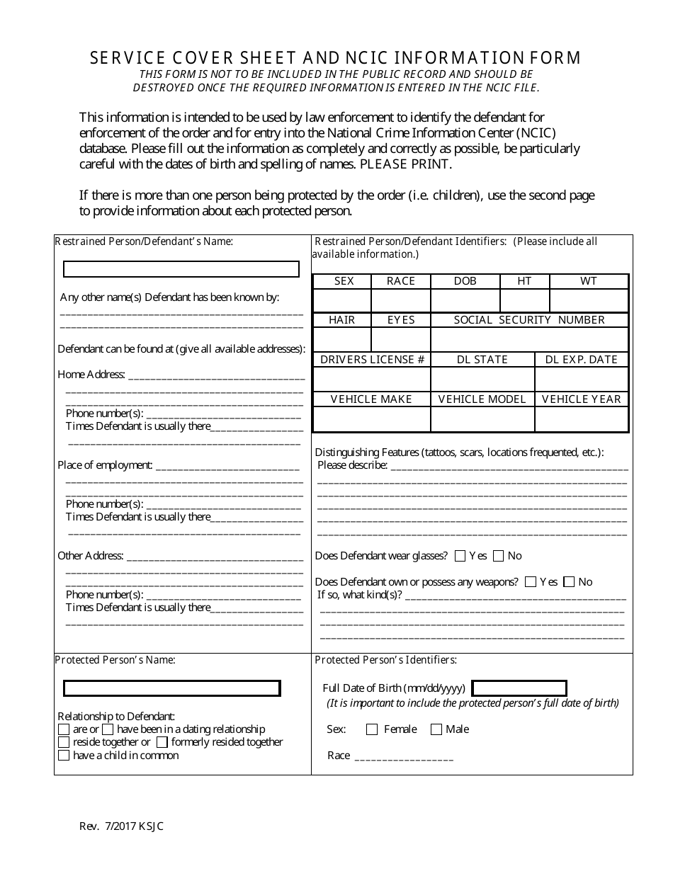 Kansas Service Cover Sheet and Ncic Information Form - Fill Out, Sign ...