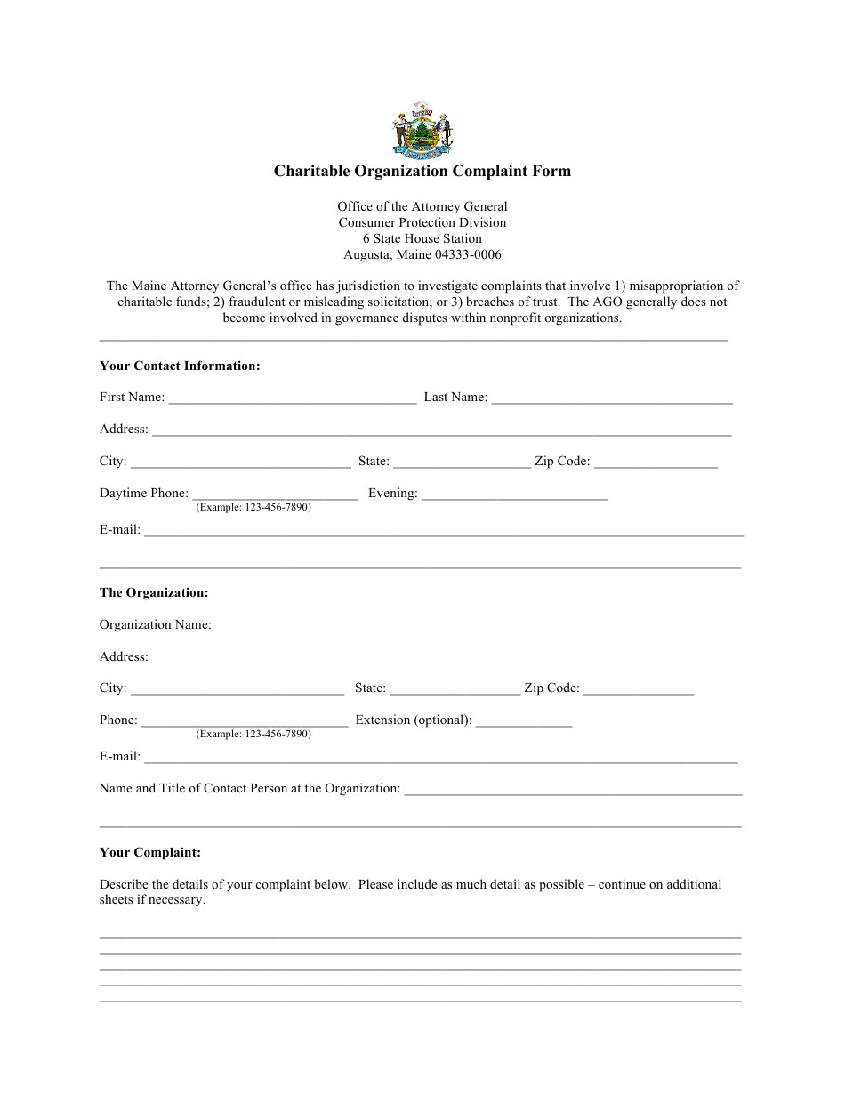 Maine Charitable Organization Complaint Form - Fill Out, Sign Online ...
