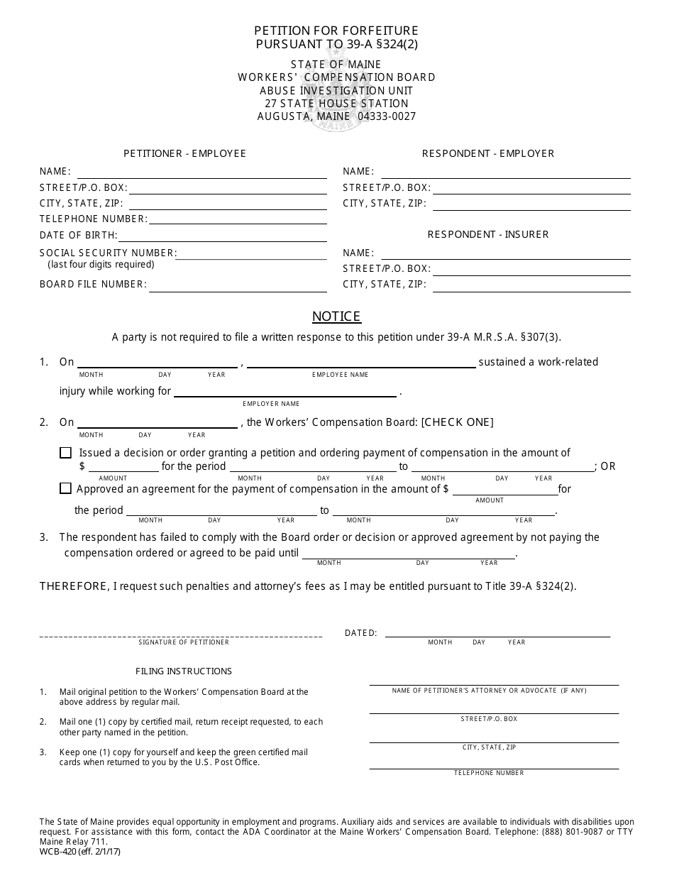 Form WCB-420 - Fill Out, Sign Online and Download Fillable PDF, Maine ...