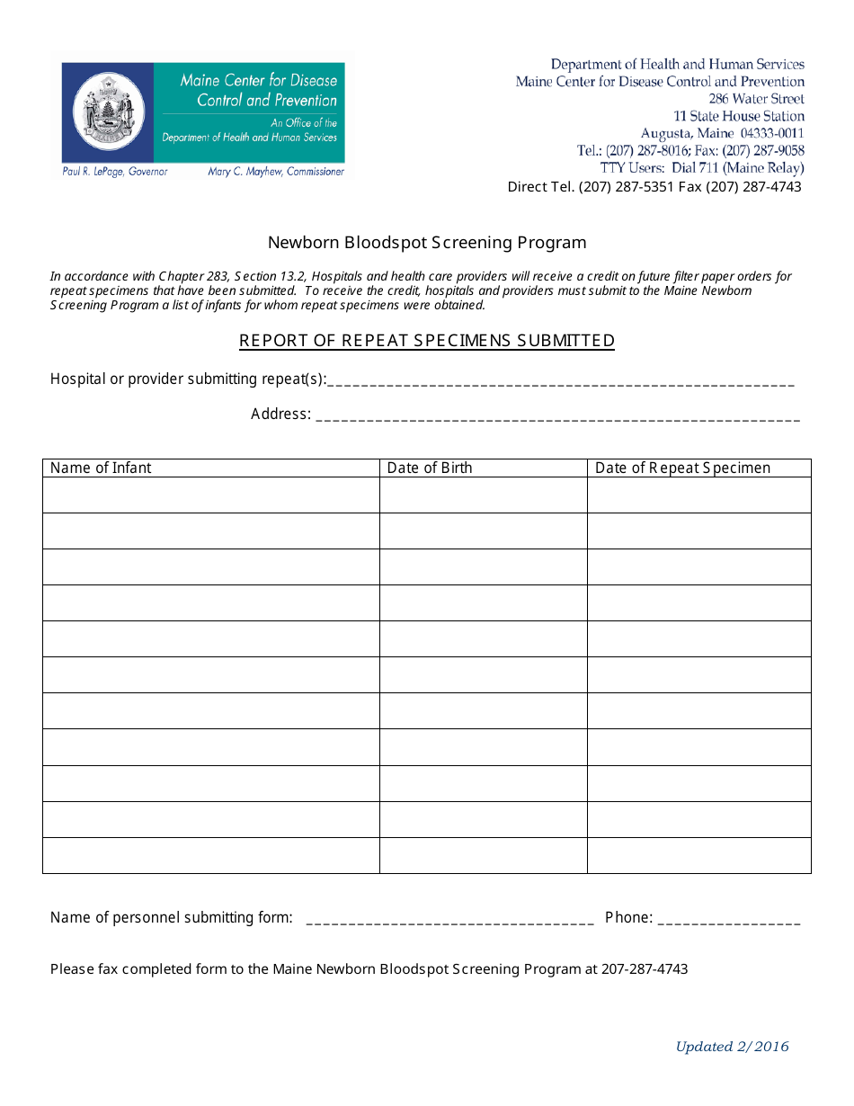 Maine Report of Repeat Specimens Submitted - Newborn Bloodspot ...