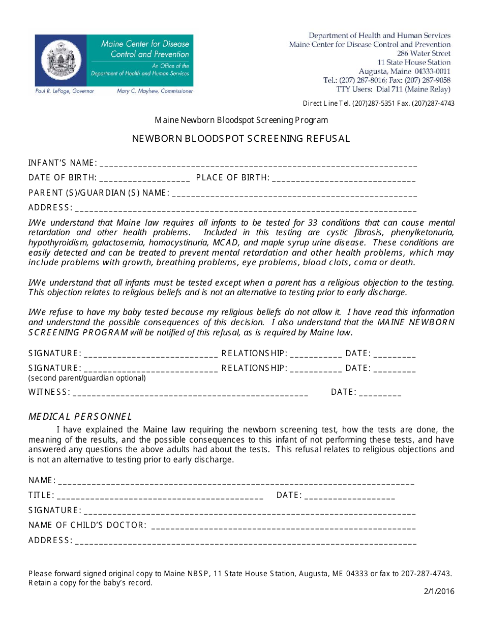 Maine Newborn Bloodspot Screening Test Refusal Form - Fill Out, Sign ...