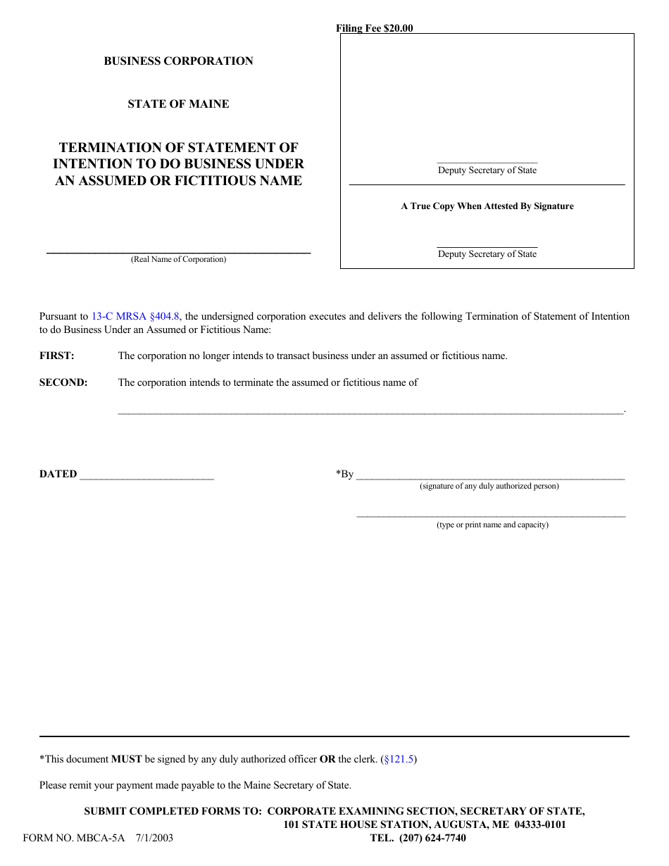 Form MBCA-5A - Fill Out, Sign Online and Download Fillable PDF, Maine ...
