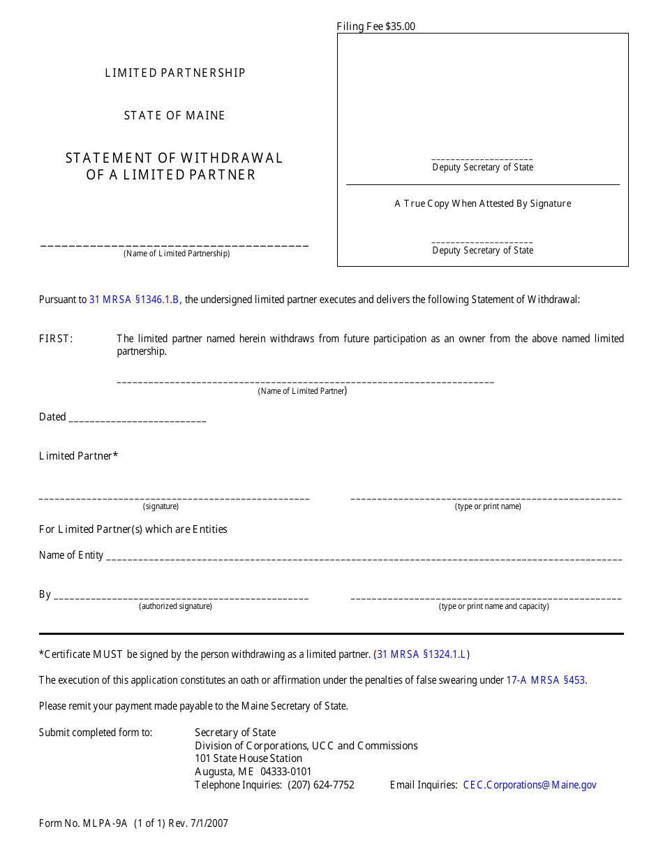 Form MLPA-9A - Fill Out, Sign Online and Download Fillable PDF, Maine ...