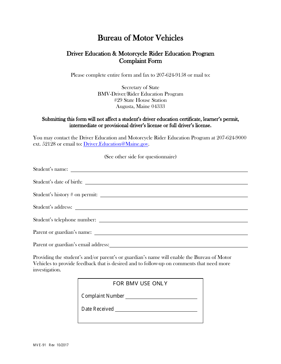Form MVE-91 Download Fillable PDF or Fill Online Driver Education ...