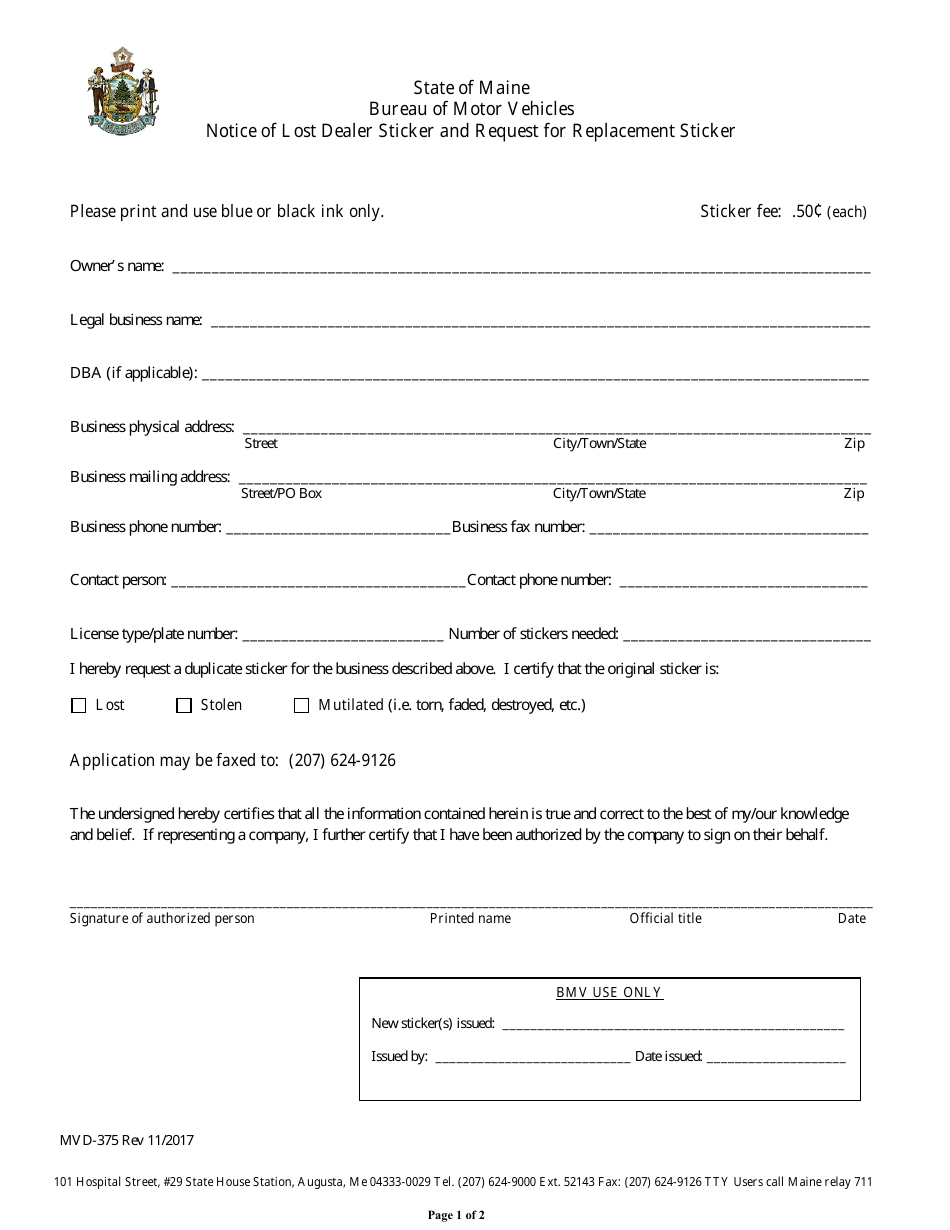 Form MVD-375 - Fill Out, Sign Online and Download Fillable PDF, Maine ...