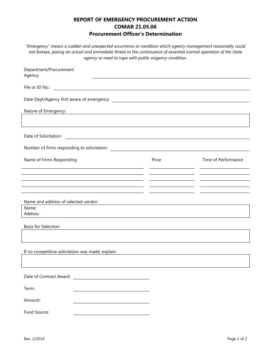 Maryland Report of Emergency Procurement Action Comar 21.05.06 ...