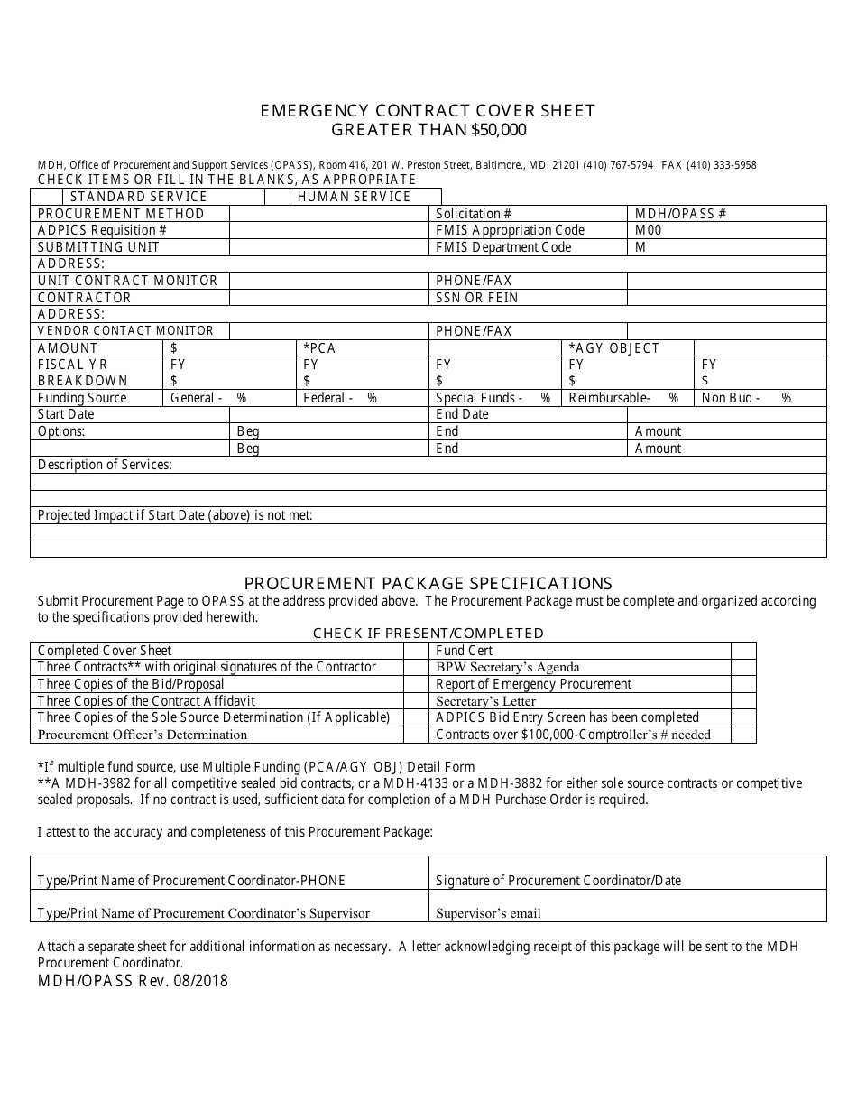 Maryland Emergency Contract Cover Sheet - Greater Than $50,000 - Fill ...