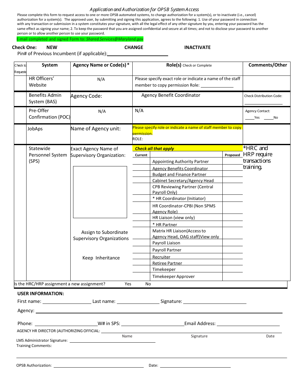 Maryland Application and Authorization for Opsb System Access - Fill ...