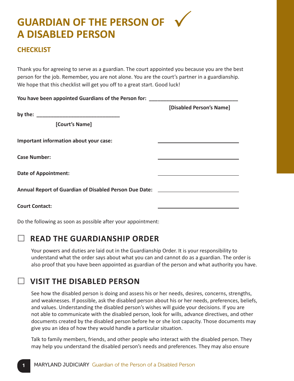 Maryland Guardian of the Person of a Disabled Person Checklist - Fill ...