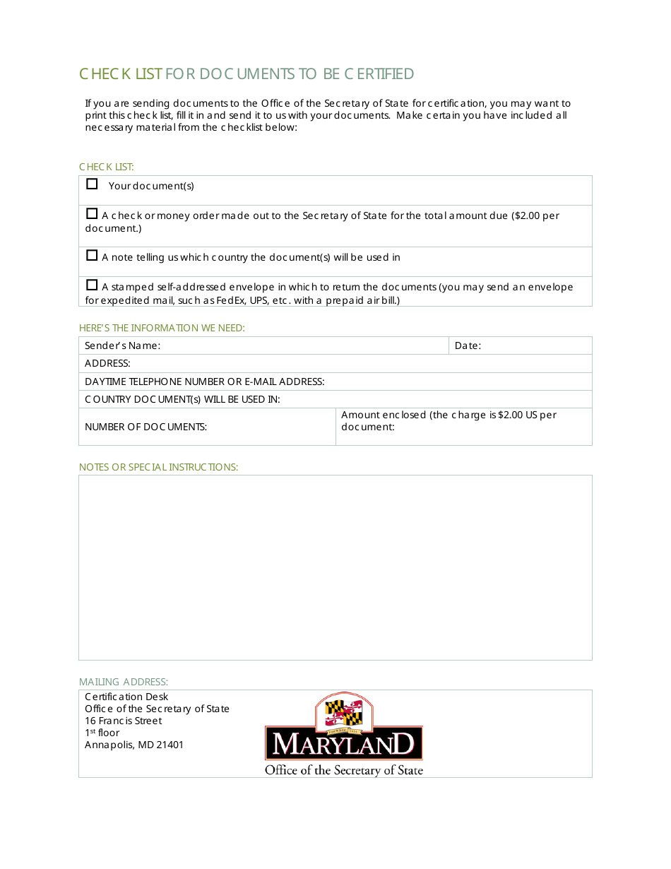 Maryland Check List for Documents to Be Certified - Fill Out, Sign ...